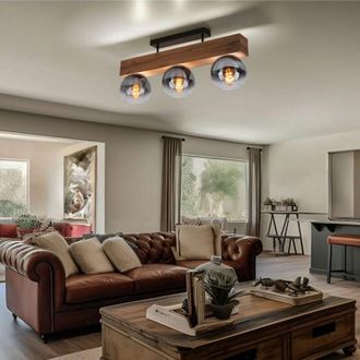 Globo Lighting Deckenleuchte Schlafzimmerlampe Deckenstrahler Holzoptik 3-flammig Deckenlampe, Glas rauch, Metall mdf, 3x E27 Fassung, LxH 65 x 28 cm