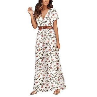 Generic Robe Femme Chic Et Elegant Ete Boh&egrave;me Col en V El&eacute;gant Taille Haute Manches Courtes D&eacute;contract&eacute;e A-Ligne Soir&eacute;e C&eacute;r&eacute;monie Cocktail Robe Hippie Boheme