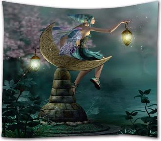 A.Monamour Wandteppiche 3D Fairytale Ein Kleiner Elf-Elf Mit Laterne, Die Auf Mondförmigem Stein Sitzt Fairy Night Scene Stoff Wandbehang Tapisserie Vorhänge Tis