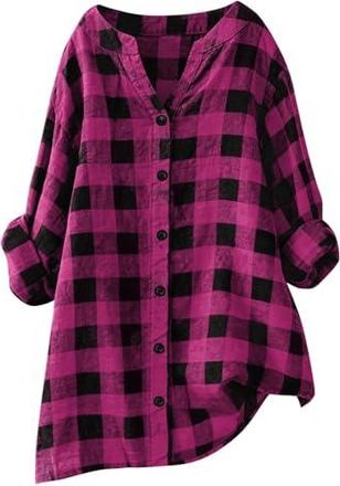 Generic Chemisier long &agrave; carreaux pour femme - Tunique longue - Grandes tailles - Col en V - Boutonn&eacute; - Confortable - D&eacute;contract&eacute; - Manches longues - Chemise 