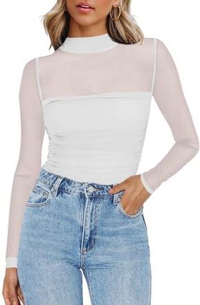 Zeagoo Haut en maille pour femme - Transparent - Col rond - Manches longues - Sexy - Pour fête - Coupe ajustée, Blanc., XXL