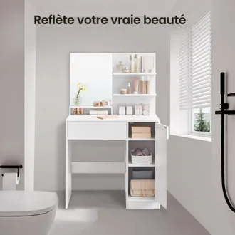Vasagle Coiffeuse, Table de Maquillage avec Miroir, 1 tiroir, 2 étagères, Armoire de Rangement, Organisateur de Maquillage, Blanc Nuage