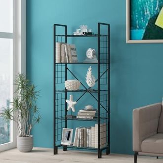 Hanah Home Sturdy Black Metal Bookshelf, 30 cm W x 60 cm H x 156 cm D | 100% Metal Frame, 7 mm Thickness | Ideal for Modern Home & Office Storage