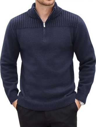 Coofandy Herren Pullover Viertel Zip Langarm Strickpullover Casual Freizeit Arbeitspullover mit Rollkragen Warm Winterpullover Basic Pulli Navy Blau XXXL