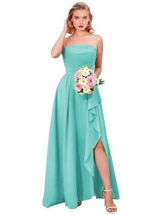 Generic Robe de demoiselle dhonneur longue sans bretelles avec fente sur les épaules dénudées et volants en mousseline de soie - Robe dinvité de mariage forme