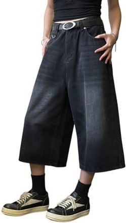 ORANDESIGNE Short Décontracté Homme Baggy Jorts Short en Jean Jean Déchiré Unisexe Y2K Grunge Hip Hop Pantalon pour Adolescent Streetwear Bermuda A Noir M