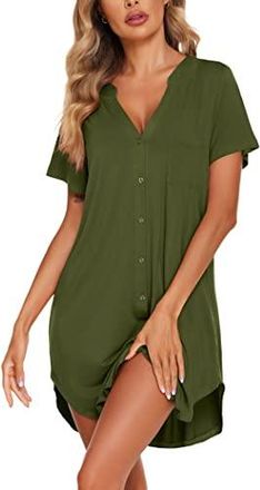 Ekouaer Chemise de Nuit Sexy Femme Col V Manches Courtes Robe de Nuit Bouton Ouvert Devant Chic VêTements de Nuit, Armée, XXL