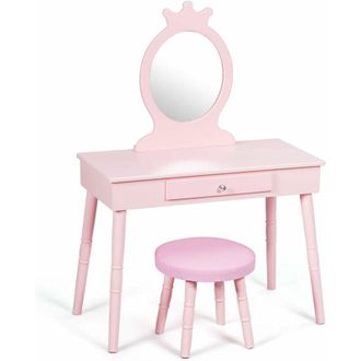 Costway Costway - Coiffeuse enfant avec tabouret - Bois massif et panneaux de particules - Miroir de haute qualit&eacute; - Grand tiroir de rangement - Rose