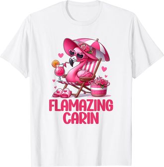 BDAZ Flamazing Carin Pink Flamingo Tropical Beach Trip Damen T-Shirt