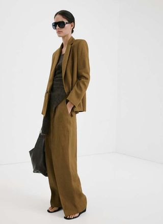 Mango Pantalon costume droit lin olive - Femme - 32 - MANGO