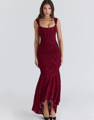 House of CB Cesca - Robe corset longue en dentelle fleurie - Lie-de-vin-Rouge