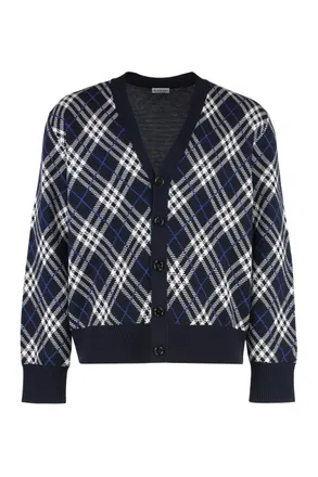 Burberry Mens Wool Cardigan With Vintage Check Print Blue Cardigans Sweater