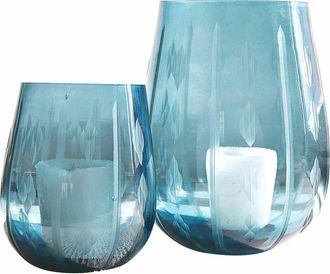 Loberon Windlicht 2er Set Danisar, Zwei Gr&ouml;&szlig;en, mundgeblasen, hangeschliffenes Muster, ged&auml;mpftes Licht, Wohn-Accessoires, Glas, blau