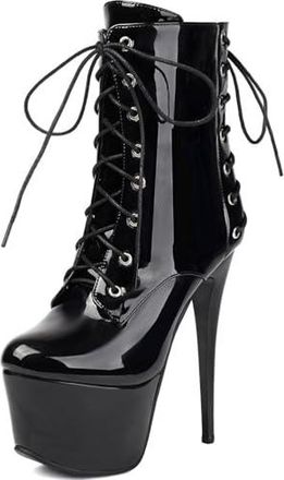 Generic Bottines À Plateforme en Cuir Verni pour Femmes Lacer Gothic Punk Bottes avec Fermeture Éclair Latérale Talon Aiguille Haut Chaussures De Bal De Fête,