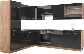 Vicco Eckküche Fame-Line, Anthrazit Hochglanz/Goldkraft Eiche, 227 x 287 cm ohne Arbeitsplatte