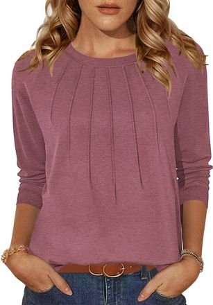 Zeagoo T Shirt Damen Rundhals Langarm Basic Tunika Tops Plissee Elegant Einfarbig Oberteile Leichte D&uuml;nner Winter T-Shirt Rosa S