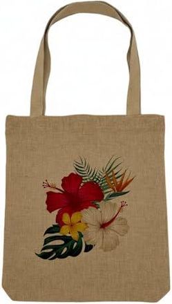 Fabulous Sac Shopping Tote Bag Aspect Lin - Hibiscus Fleurs Tropicales Exotique Jungle - Sac de Courses Toile Epaisse 360g Beige Naturel Cabas Port&eacute; Epaule Sol