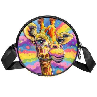 Generic Sac &agrave; bandouli&egrave;re rond pour femme, girafe arc-en-ciel, petit sac &agrave; bandouli&egrave;re avec fermeture &eacute;clair, bretelles r&eacute;glables, sac &agrave; main rond d&eacute;contract&eacute;