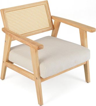 Costway Loungesessel mit Rattan-Rückenlehne, Esszimmerstuhl mit gepolsterter Sitzfläche, gepolsterter Lesesessel aus Gummibaumholz für Schlafzimmer, Wohnzimme