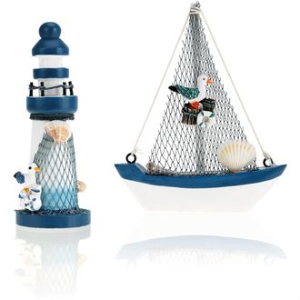 Com-Four 2-teiliges maritimes Deko-Set - Segelschiff und Leuchtturm aus Holz im Used-Look (2 Stück Leuchtturm/Segelboot - blau/weiß)