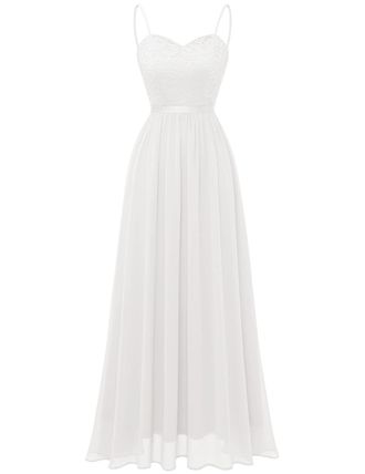Dresstells Abendkleider Elegant f&uuml;r Hochzeit Festlich Ballkleid Damen Lang Gro&szlig; Gr&ouml;&szlig;en Brautkleid Standesamt Wei&szlig; Brautjungfernkleider mit Spaghettitr&auml;ger Jugend