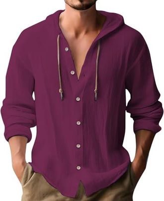 Generic Chemise en lin pour homme - Coton et lin - Sweat &agrave; capuche - Manches longues - Chemise d&eacute;t&eacute; &agrave; manches longues avec capuche - Boutonni&egrave;re - Couleur uni