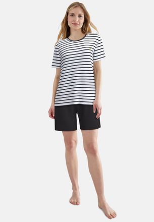 Tom Tailor Shorty TOM TAILOR, Damen, Gr. 36, schwarz, mittel, ringel, Single Jersey, Obermaterial: 95% Baumwolle, 5% Elasthan, bequem kurz, Rundhals, Homewear-Se