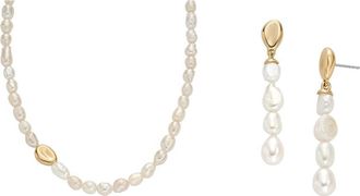Skagen Womens Agnethe Pearl Necklace and Earring, Gold-Tone Stainless Steel Set