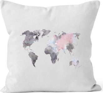 Autiga Kissenbezug Weltkarte Wasserfarben Watercolor World Map Kissen-H&uuml;lle Deko-Kissen Baumwolle wei&szlig;-grau Unisize