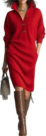 Generic Robe chandail midi &agrave; manches longues et col en V boutonn&eacute; pour femme - Robe chandail en tricot c&ocirc;tel&eacute; avec poches, Rouge, L