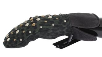 Dolce & Gabbana Mens Gray Wool Shearling Studded Green Leopard Gloves Merino