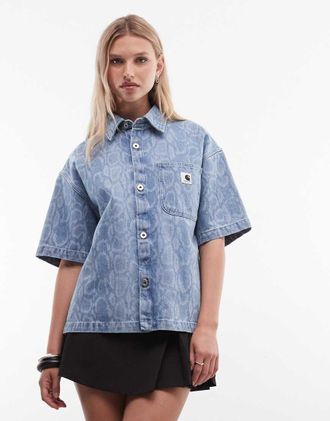 Carhartt Work in Progress Lovilia - Chemise manches courtes &agrave; imprim&eacute; peau de serpent - Bleu
