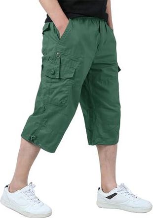 KEFITEVD Homme Shorts Cargo en Coton de Sport Course Eté Court 3/4 Pantalon avec Poches Zippées pour Mâle,Haricot Vert,40