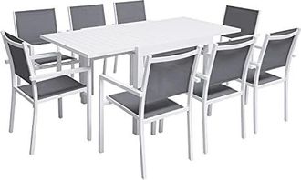 Happy Garden Salon de Jardin Venezia Extensible 90/180 en textil&egrave;ne Gris 8 Places - Aluminium Blanc