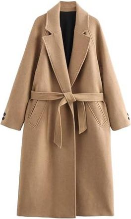 Generic Winter Long Coats for Women Winter Elegant Wool Blend Peacoat Notched Lapel Collar Open Front Trench Coat Khaki X Small