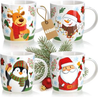 Com-Four 4x Kaffeebecher aus Keramik 400 ml - Kaffee-Tasse in weihnachtlichem Design - Kaffeepott für Kalt- und Heißgetränke - bunte Henkeltassen zur Adventsze