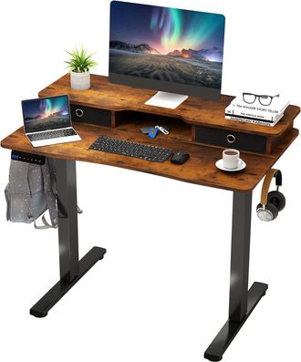 Giantex h&ouml;henverstellbarer Schreibtisch, elektrisches Stehpult mit Monitorst&auml;nder, 2 Schubladen, 2 Haken, Kleiner Computertisch mit Einstellbarer H&ouml;he von 73-