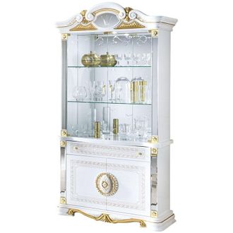 Les Tendances Vitrine 4 portes 1 tiroir bois vernis laqu&eacute; brillant blanc et dor&eacute; Lesly 105cm