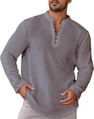 Generic Chemise de plage &agrave; bouton 1/4 pour homme, chemise de plage d&eacute;contract&eacute;e de couleur unie, chemise minimaliste classique, l&eacute;g&egrave;re et respirante, haut amp