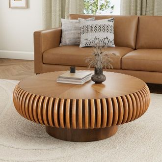 Generic Runder Couchtisch f&uuml;rs Wohnzimmer, moderner rustikaler Trommeltisch im minimalistischen Stil mit geriffeltem Gestell und stabilem Fu&szlig;, Beistelltisch f