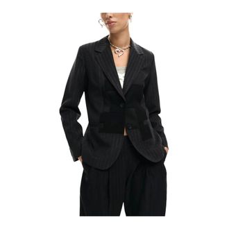 Desigual Femme, Vestes, Gris, Taille: 38 FR Blazer &agrave; rayures avec col &agrave; revers et poches avant