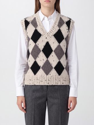 SOLOTRE Gilet en maille &agrave; motif losanges et col V en laine