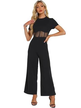 Allegra K Tenues Une Pi&egrave;ce Femmes Combinaison D&eacute;contract&eacute;e &agrave; Col Ras du Cou Jumpsuit en Maille Transparente &agrave; Jambe Large Combishort Chic Noir L