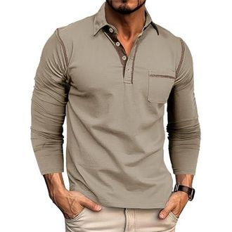 Generic Chemises Henley d&eacute;contract&eacute;es tendance &agrave; manches longues de couleur unie confortables et l&eacute;gers avec poche pour le golf, kaki, L