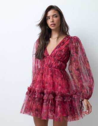 Lace & Beads robe courte en tulle &agrave; d&eacute;collet&eacute; plongeant et manches ballon, imprim&eacute; floral fuchsia-Rouge