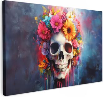 MuchoWow © Wandbilder Groß 120x80 cm XXL Wohnzimmer Wanddeko Schlafzimmer Zimmerdeko Wandgemälde Zimmer Deko auf Wand Dekoration Wall Art Schädel - Blumen - To