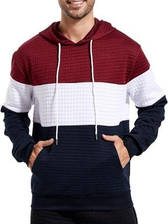 Generic Sweat à capuche pour homme, manches longues, motif gaufré, pull à capuche décontracté avec cordon de serrage, haut extensible, couleur patchwork, poch