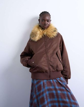 Topshop Bomber en nylon avec col en fausse fourrure - Chocolat-Brown