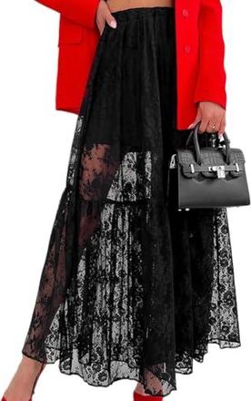 Missmao Jupes Longues en Dentelle pour Femmes Tulle Jupes Taille Haute Transparent à Plissée avec Doublure pour Festival de Musique Fête Mariage,Noir,M