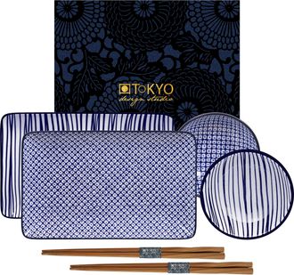 Tokyo Design Studio Nippon Blue Sushi Plate w/Giftbox mit Chop 4pcs 21x13.5 & 9.5x3cm Lines/Dots